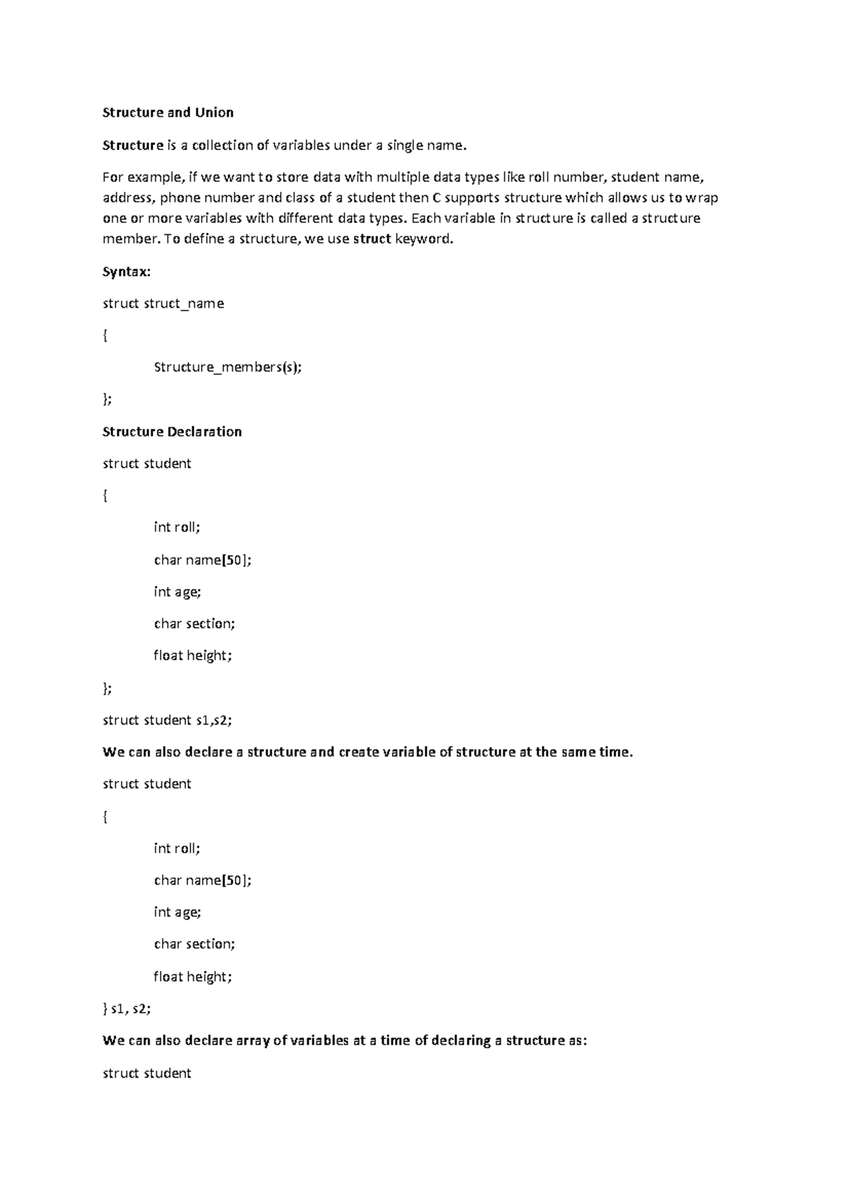 Ch 4: Structure and Union in C Programming - Studocu