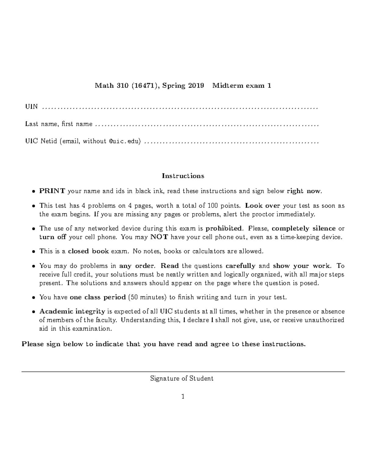Math 310 Spring 2019 Midterm Exam 1 Instructions and Problems - Studocu
