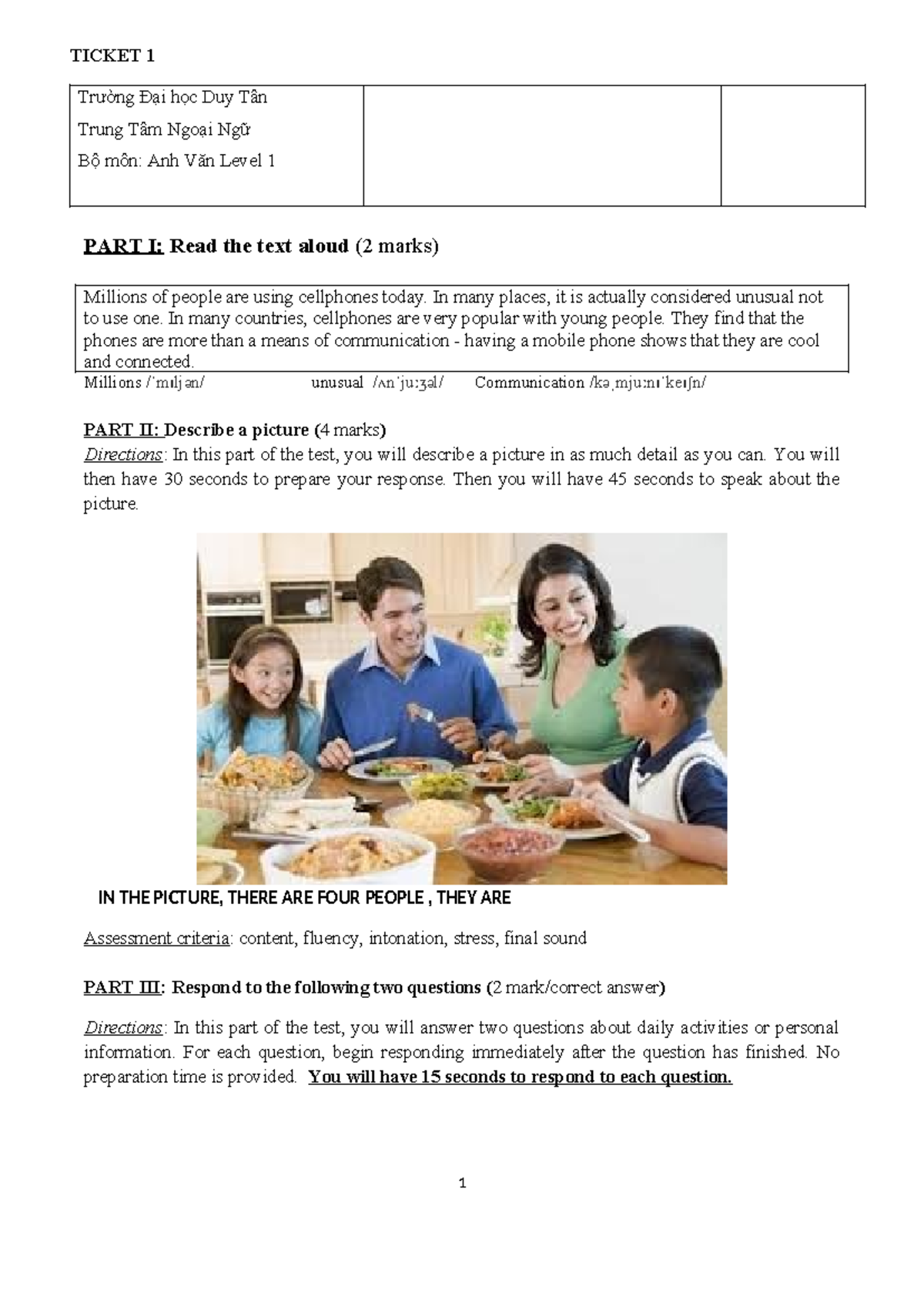 V1 - Speaking Level 1 - Final Test 1: Assessment & Practice - Studocu