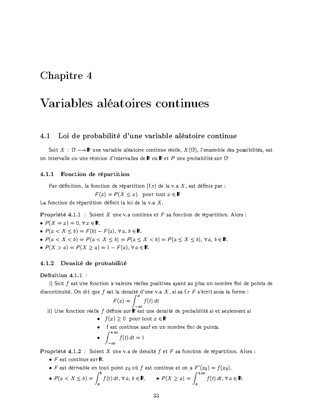 Cours Probabilité: Chapitre 4 - Variables Aléatoires Continues - Studocu