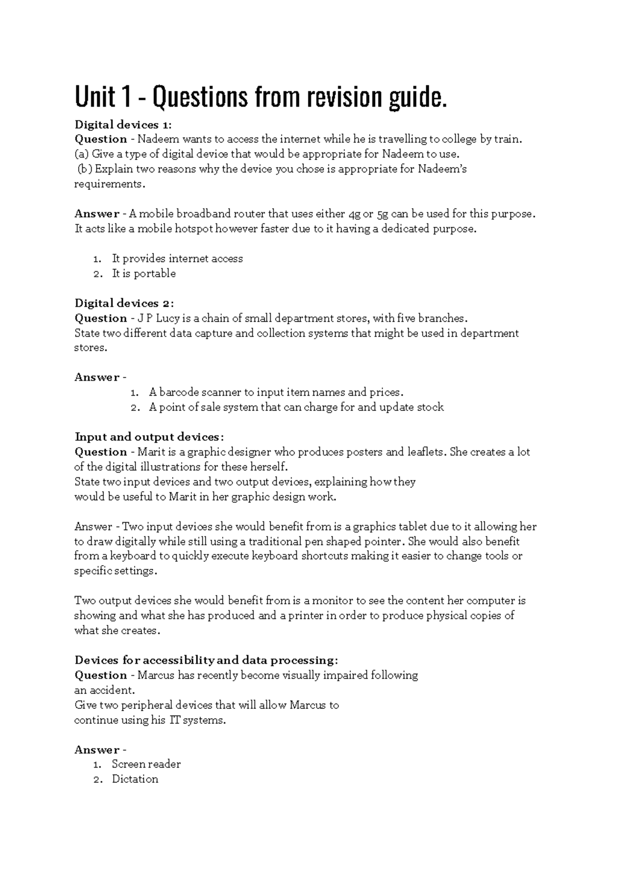 Unit 1 - Digital Devices & Data Collection: Revision Guide Questions ...