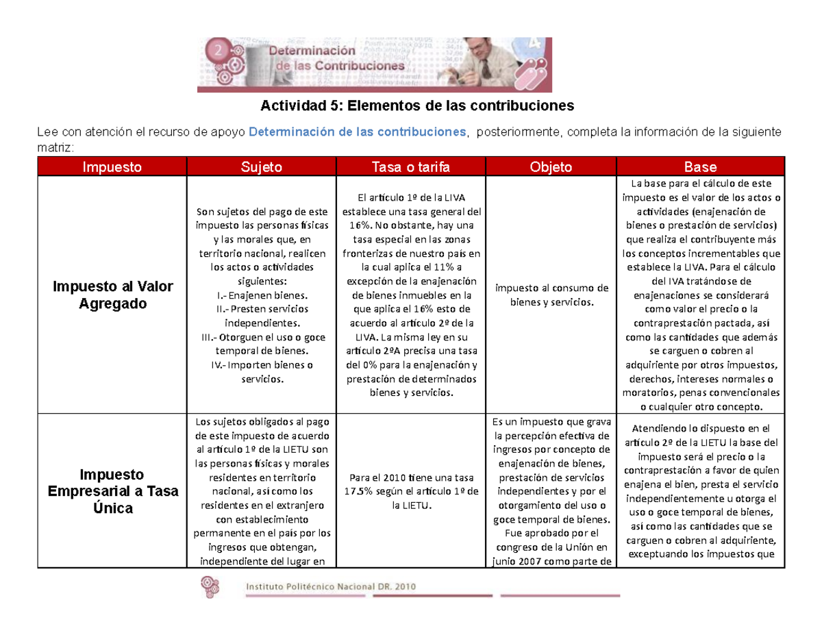 Actividad 5 Matriz - Actividad 5: Elementos de las contribuciones Lee ...