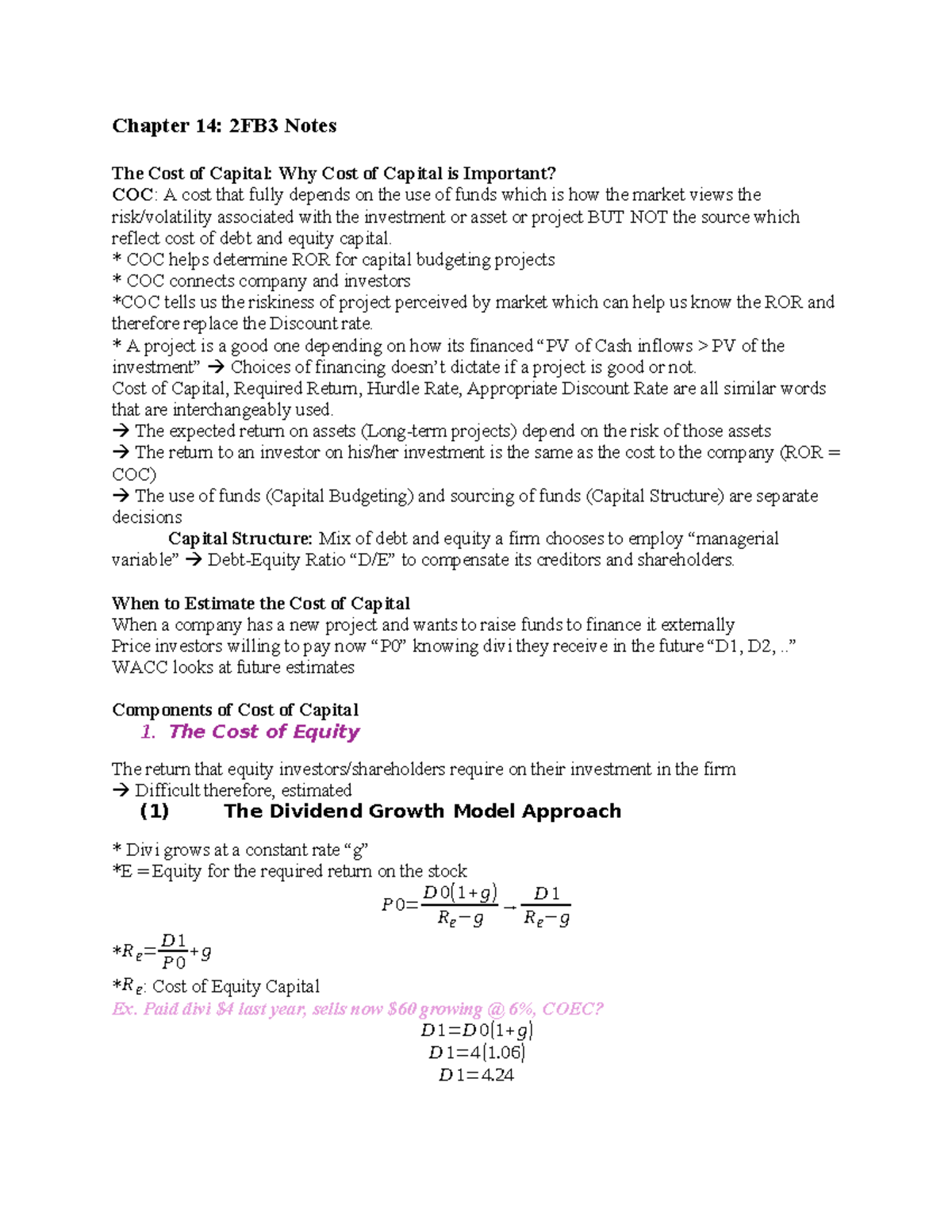 Chapter 14: 2FB3 Notes on Cost of Capital and Its Importance - Studocu