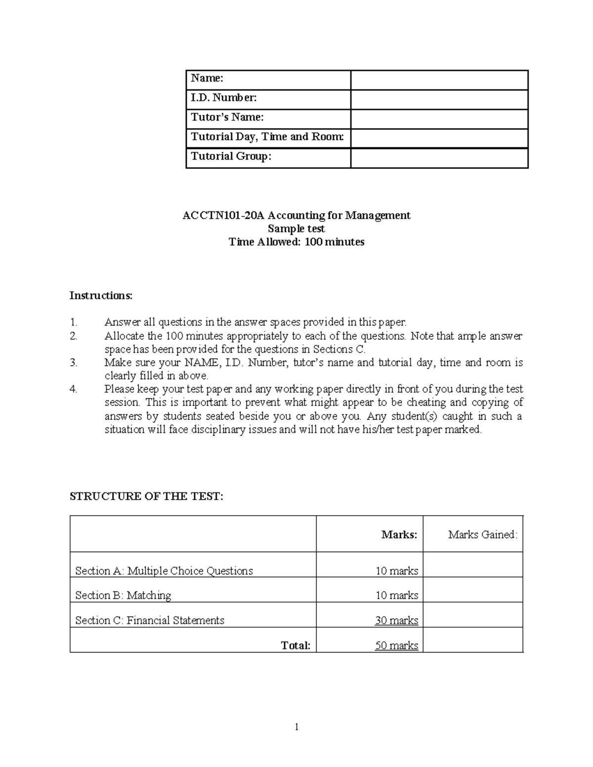 Sample Test 1A: Accounting for Management (100 min) - Studocu