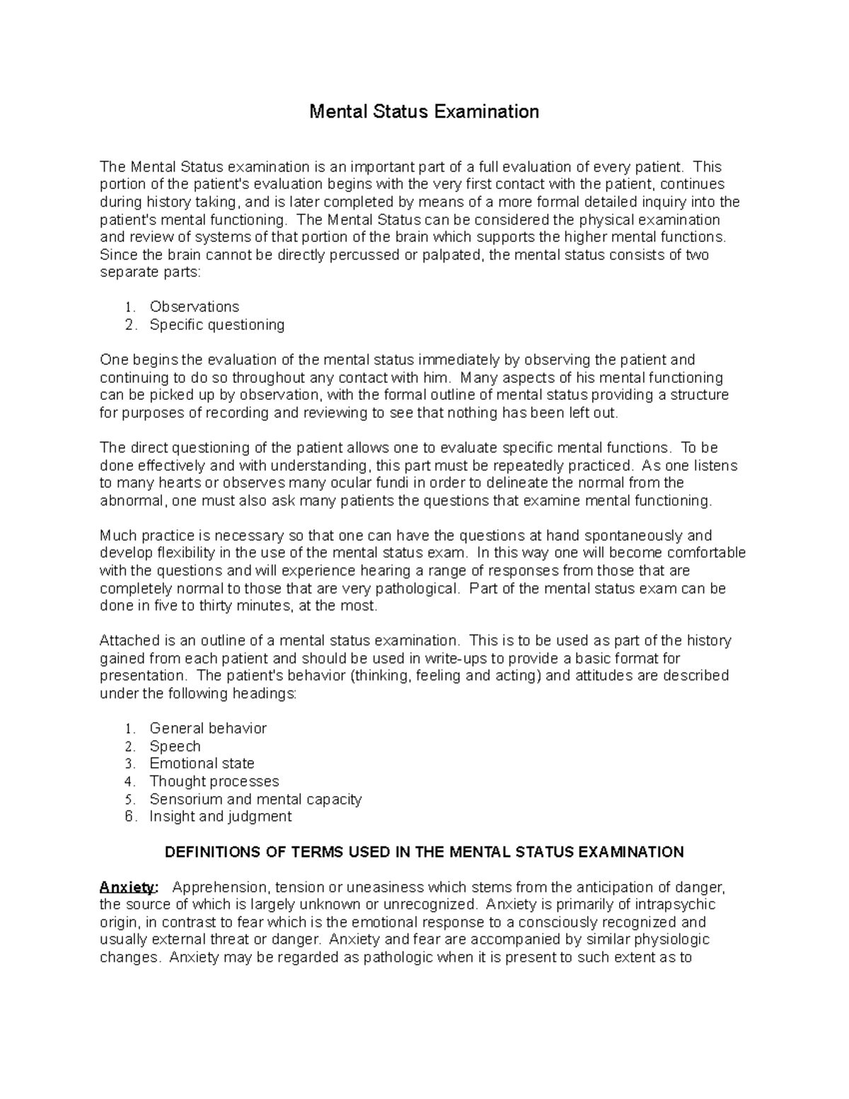 Mental Status Examination Outline (Psychiatry 101) - Studocu