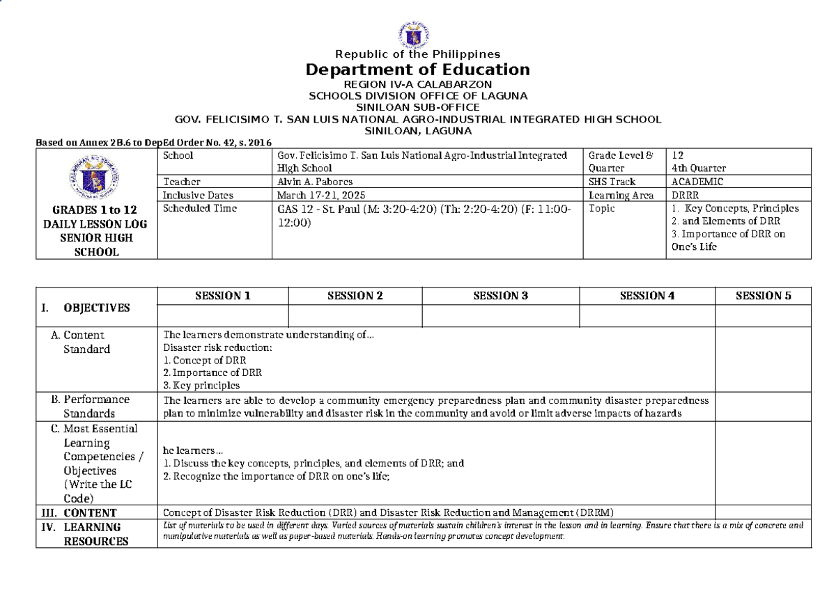SHS-DLL-DRRR Week 6: Disaster Risk Reduction Lesson Plan Q2 2024 - Studocu