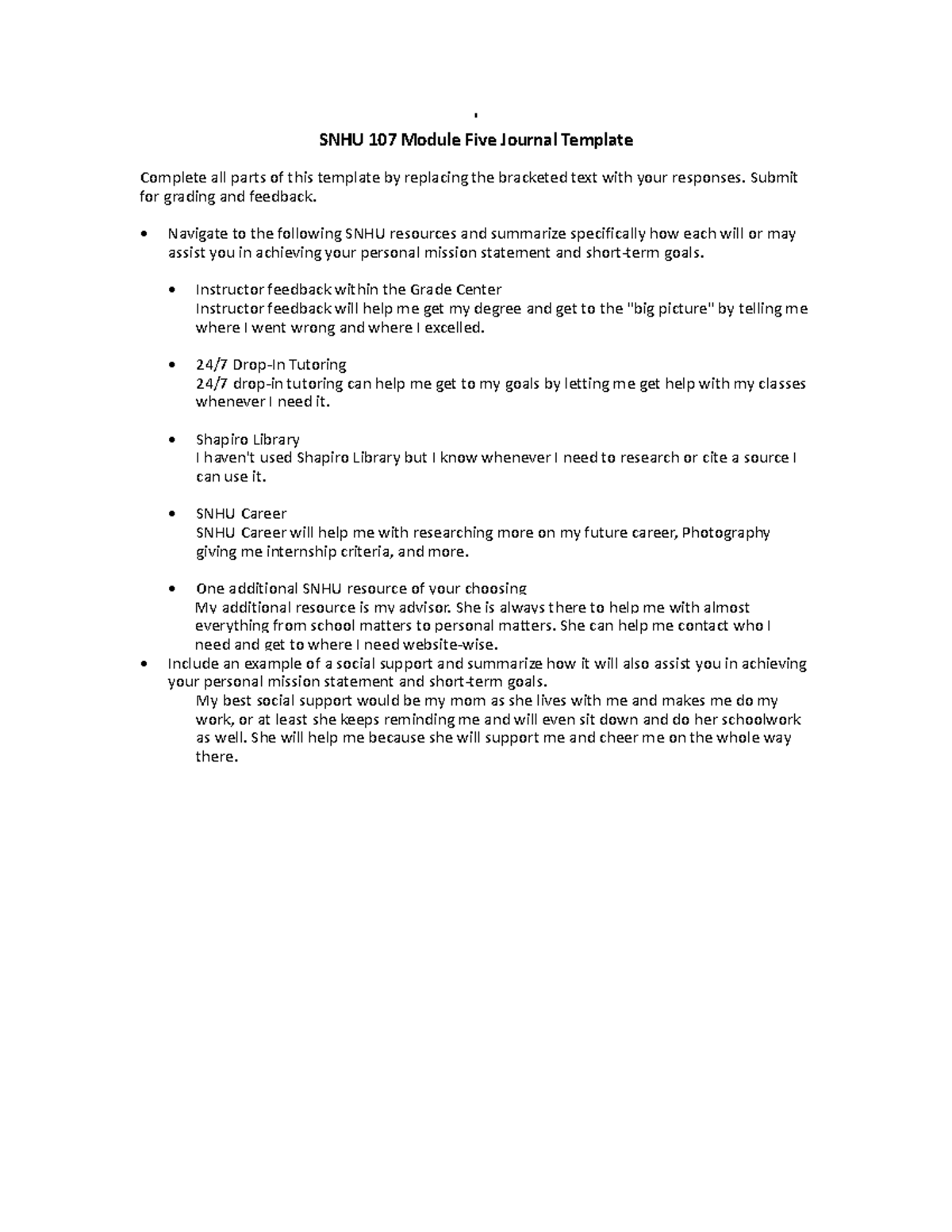 SNHU 107 Module 5 Journal Template for Personal Mission Goals - Studocu