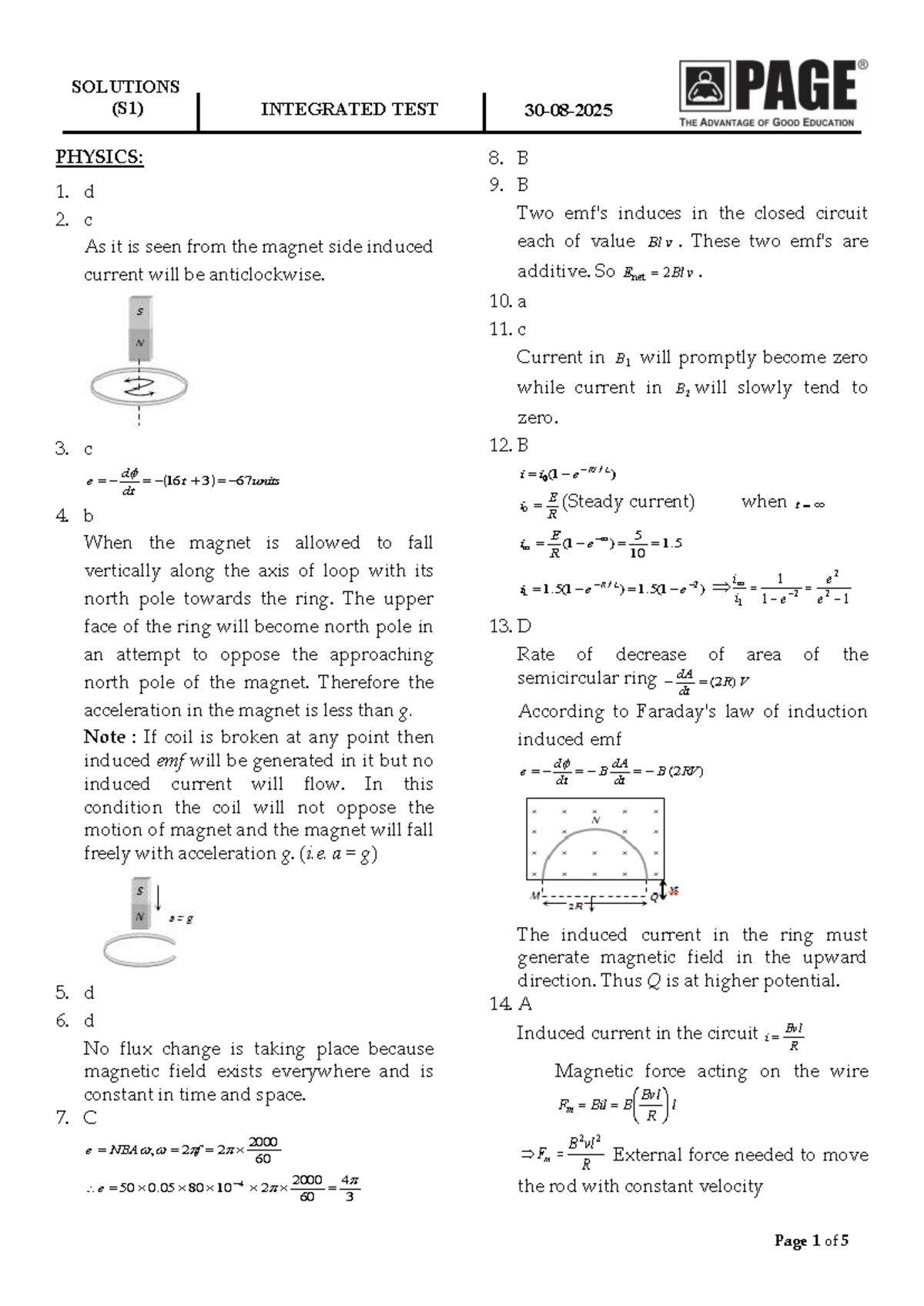 SR (S1) Integrated Test Solutions - Physics Exam 30-08-2025 - Studocu
