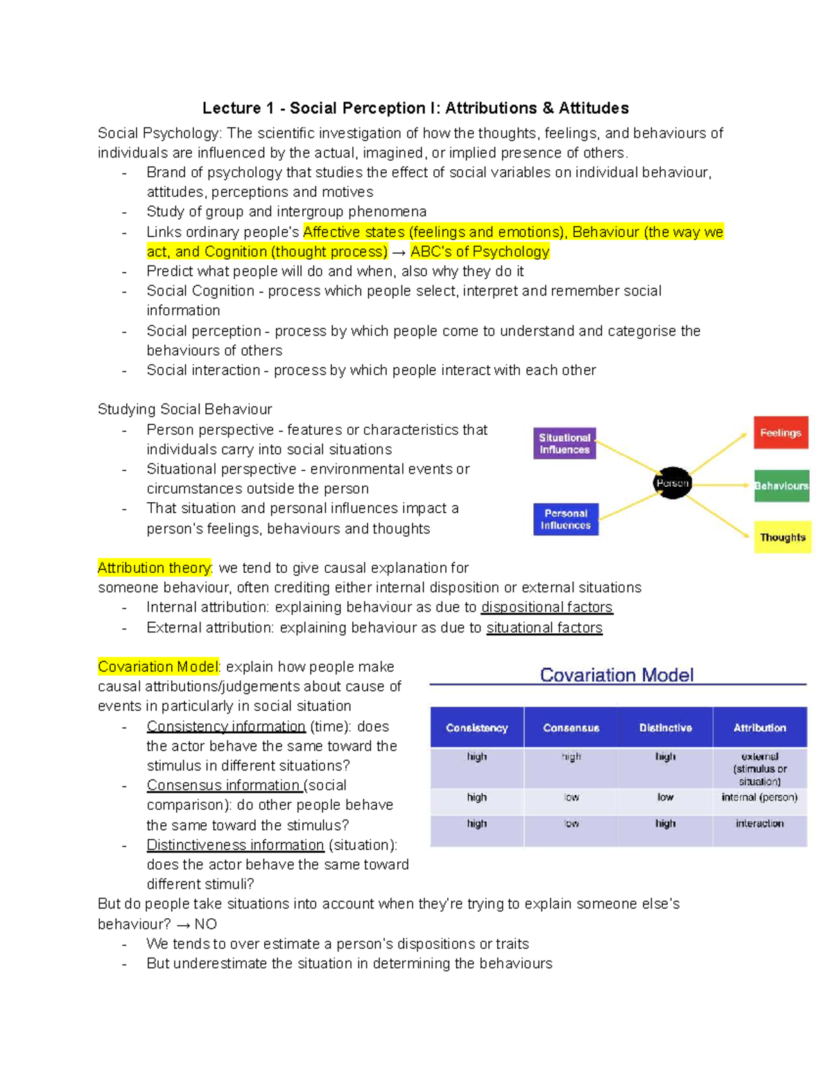 PSYCH1001 - Social Psychology Lecture Notes: Social Perception ...
