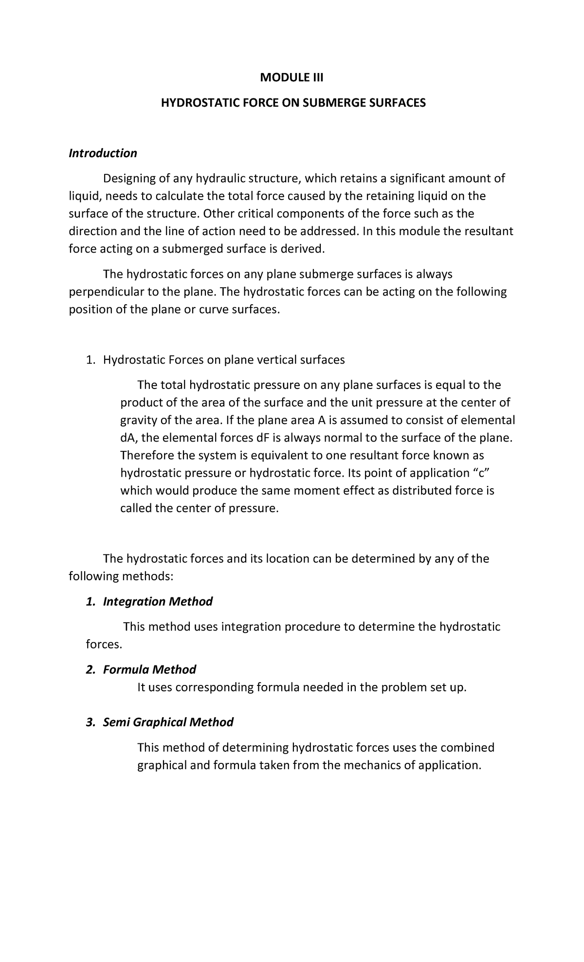 Module III - Hydrostatic Force on Submerged Surfaces Analysis - Studocu