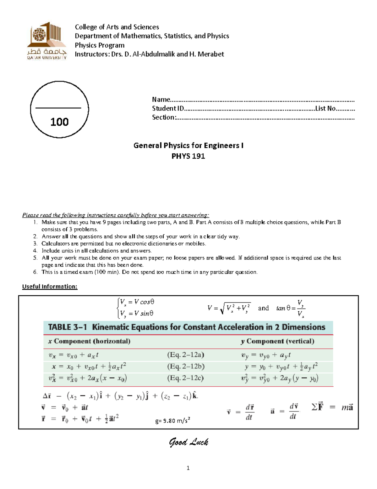 Exams 1 for PHYS 191 & PHYS 101-NI: General Physics Overview - Studocu