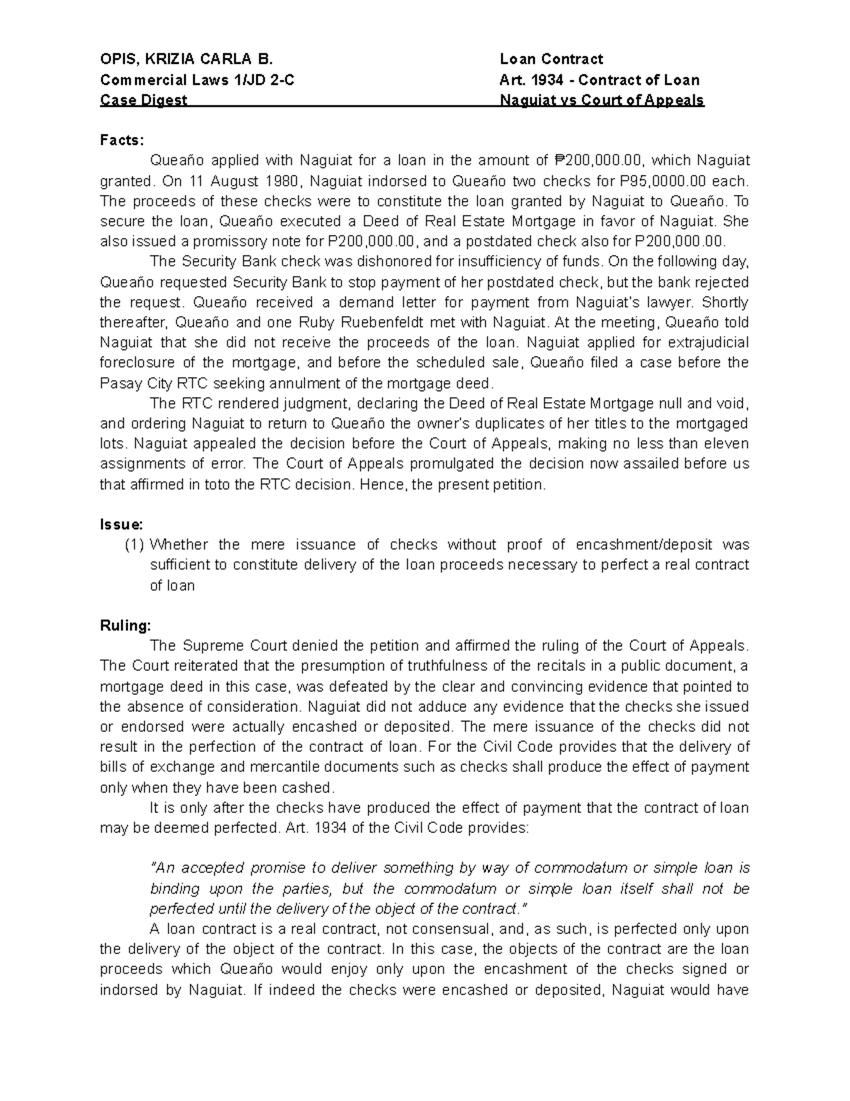 Naguiat vs Court of Appeals: Commercial Law Case Study on Loan Contract ...