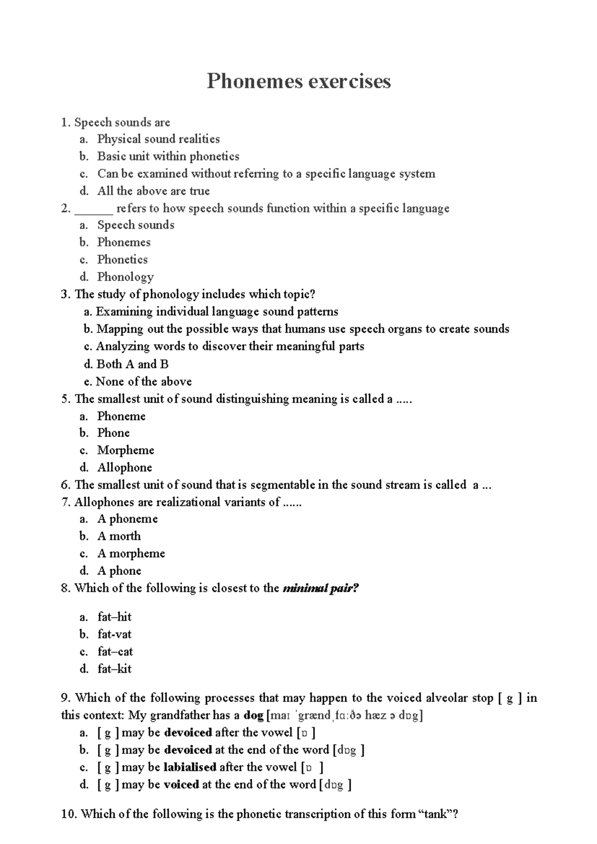Phonemes Exercises: Understanding Speech Sounds and Phonology - Studocu