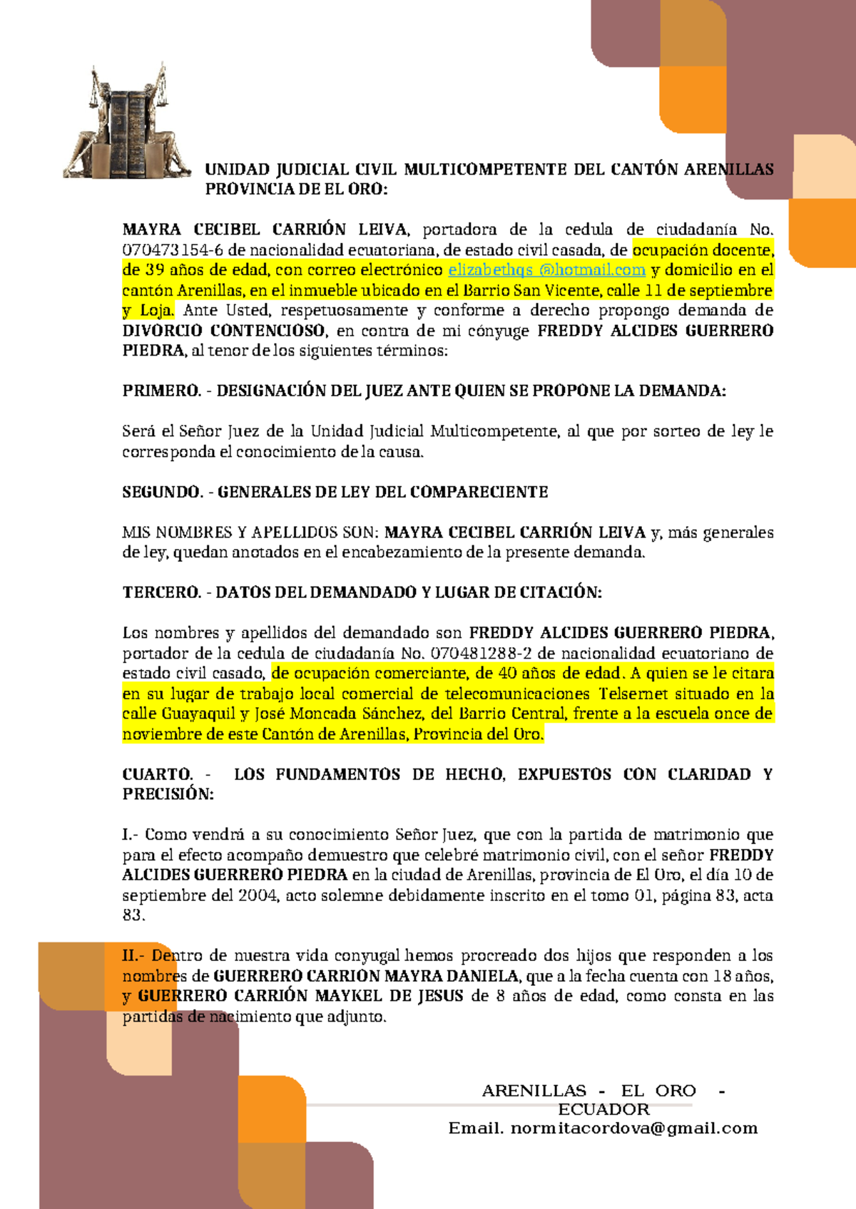 Demanda de Divorcio Causal por Abandono - Caso de Mayra C. Carrión (ECU ...