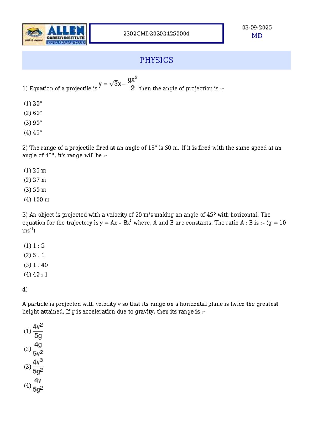 MD PHYSICS Projectile Motion Solutions and Key (15) - Studocu