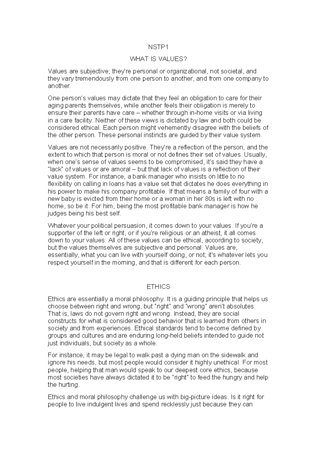 NSTP Values and Ethics - NSTP WHAT IS VALUES? Values are subjective ...