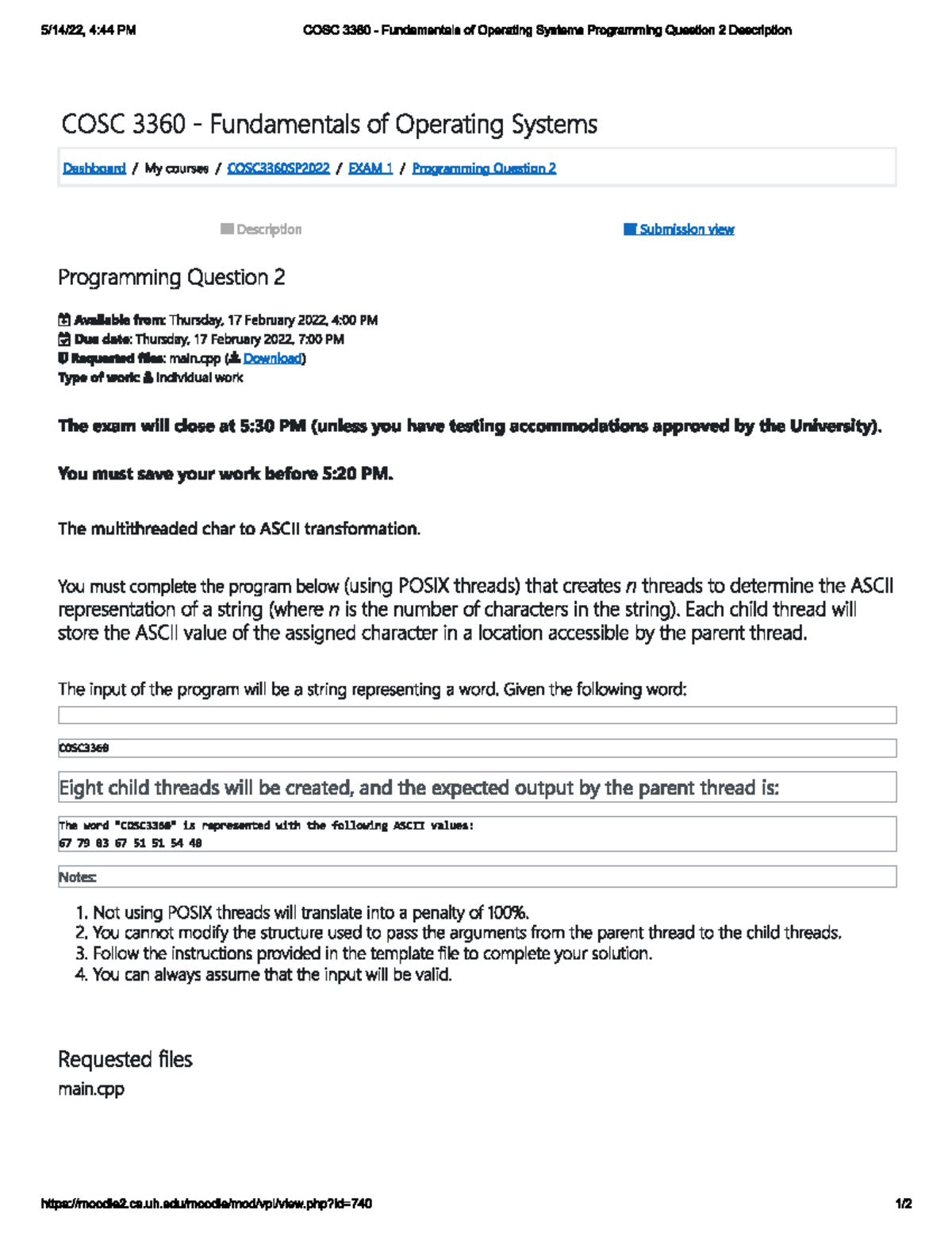 COSC 3360 Spring 2022 Exam 1: Multithreaded ASCII Transformation - Studocu