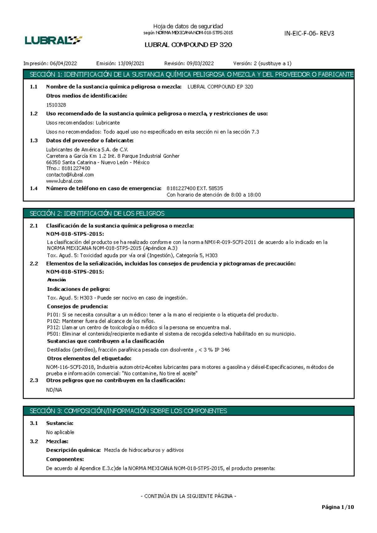 Hoja de datos de seguridad para Lubral Compound EP 320 - HDS - Studocu