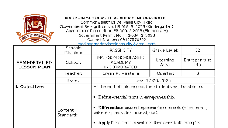 ENTREPRENEURSHIP LESSON PLAN GRADE 12 - Q3 2025 - Studocu