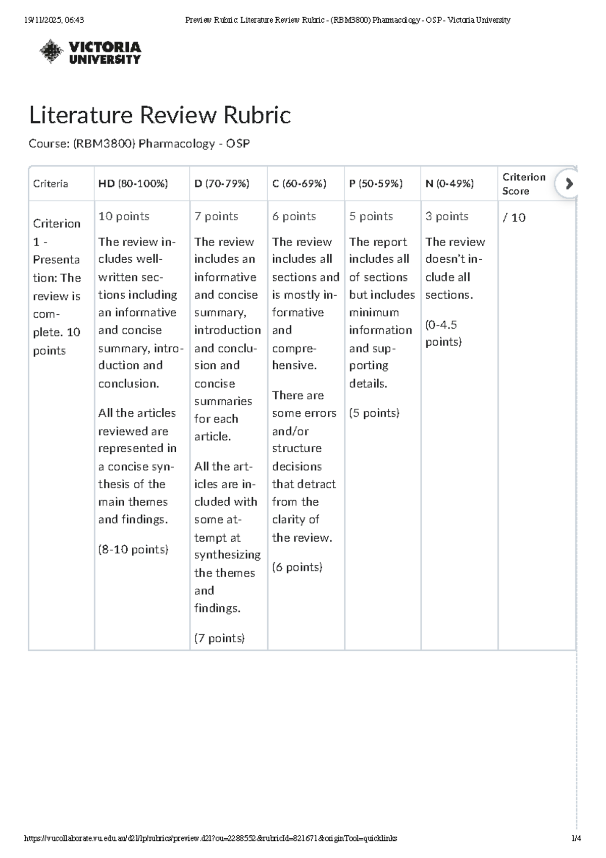 Preview Rubric: Literature Review (RBM3800) Pharmacology OSP - Studocu