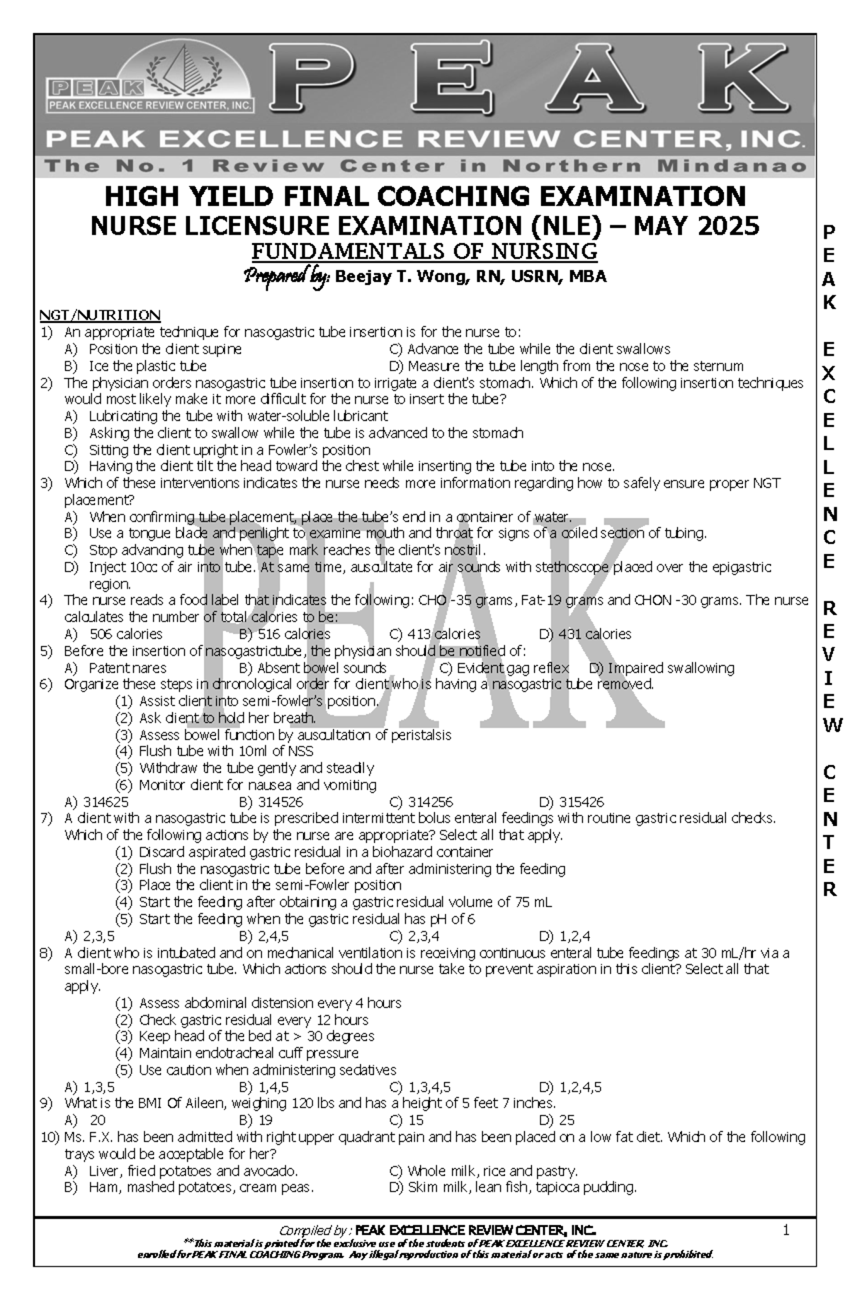 NLE 2025 Final Coaching: High Yield Fundamentals of Nursing Review ...