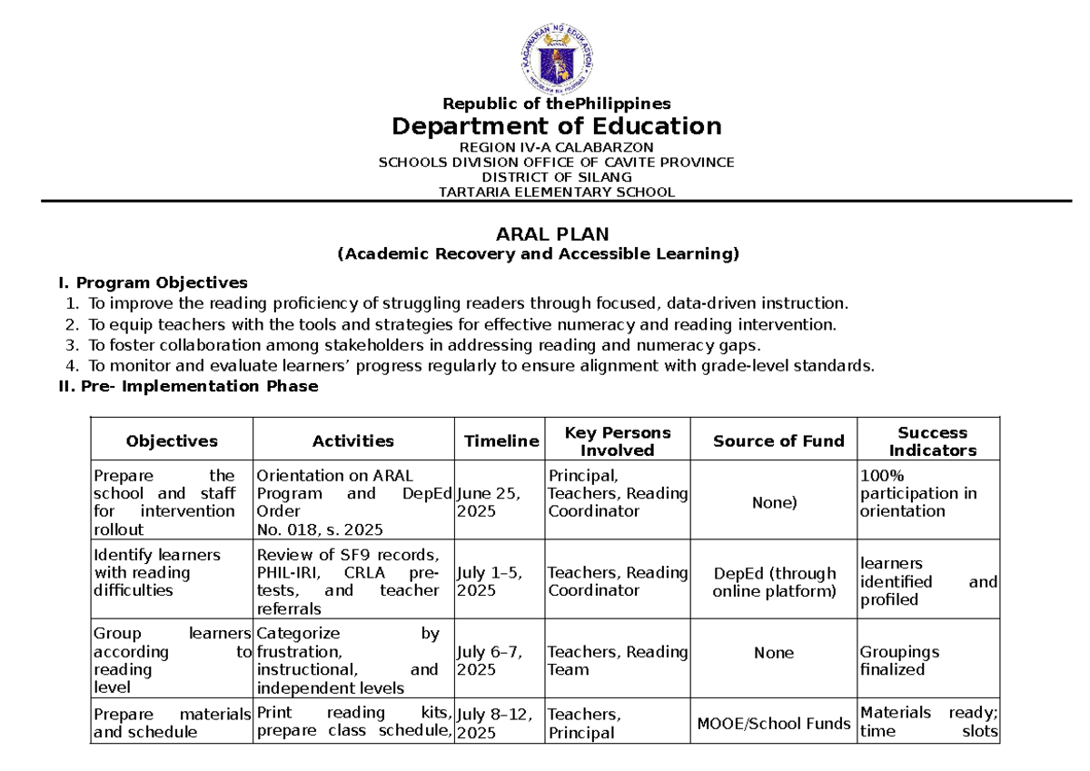 ARAL PLAN: Academic Recovery & Accessible Learning (DepEd) - Studocu