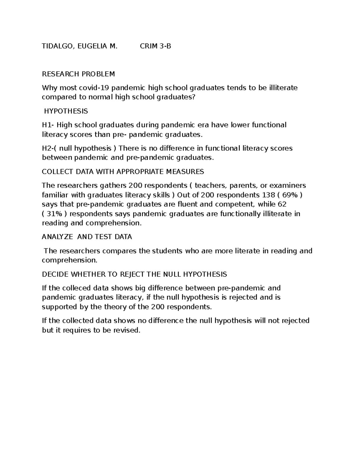 TIDALGO, EUGELIA M. CRIM RESEARCH: Pandemic vs. Normal Grad Literacy ...