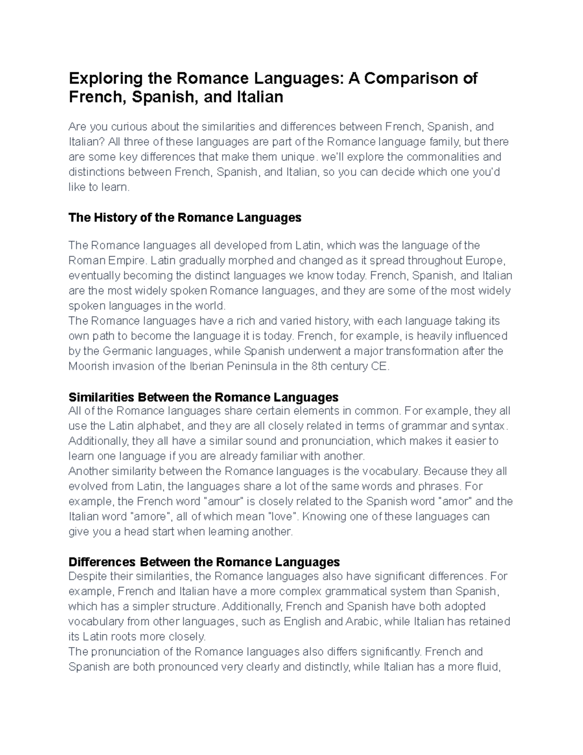 Romance Languages Overview: French, Spanish & Italian Comparison - Studocu