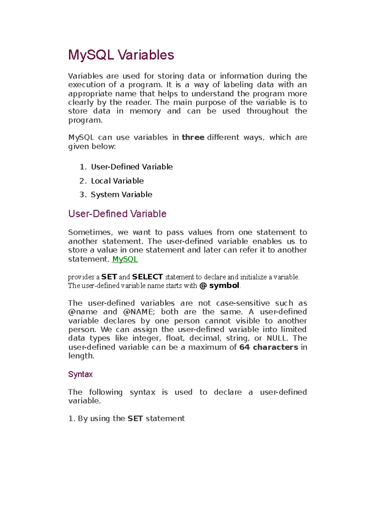 My SQL Variables - for revision - MySQL Variables Variables are used ...