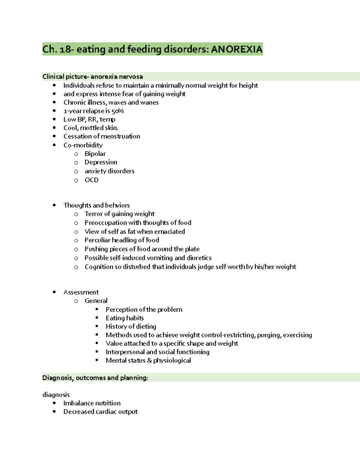 MH- anorexia - MH lecture notes- Nursing Dx, treatments, interventions ...