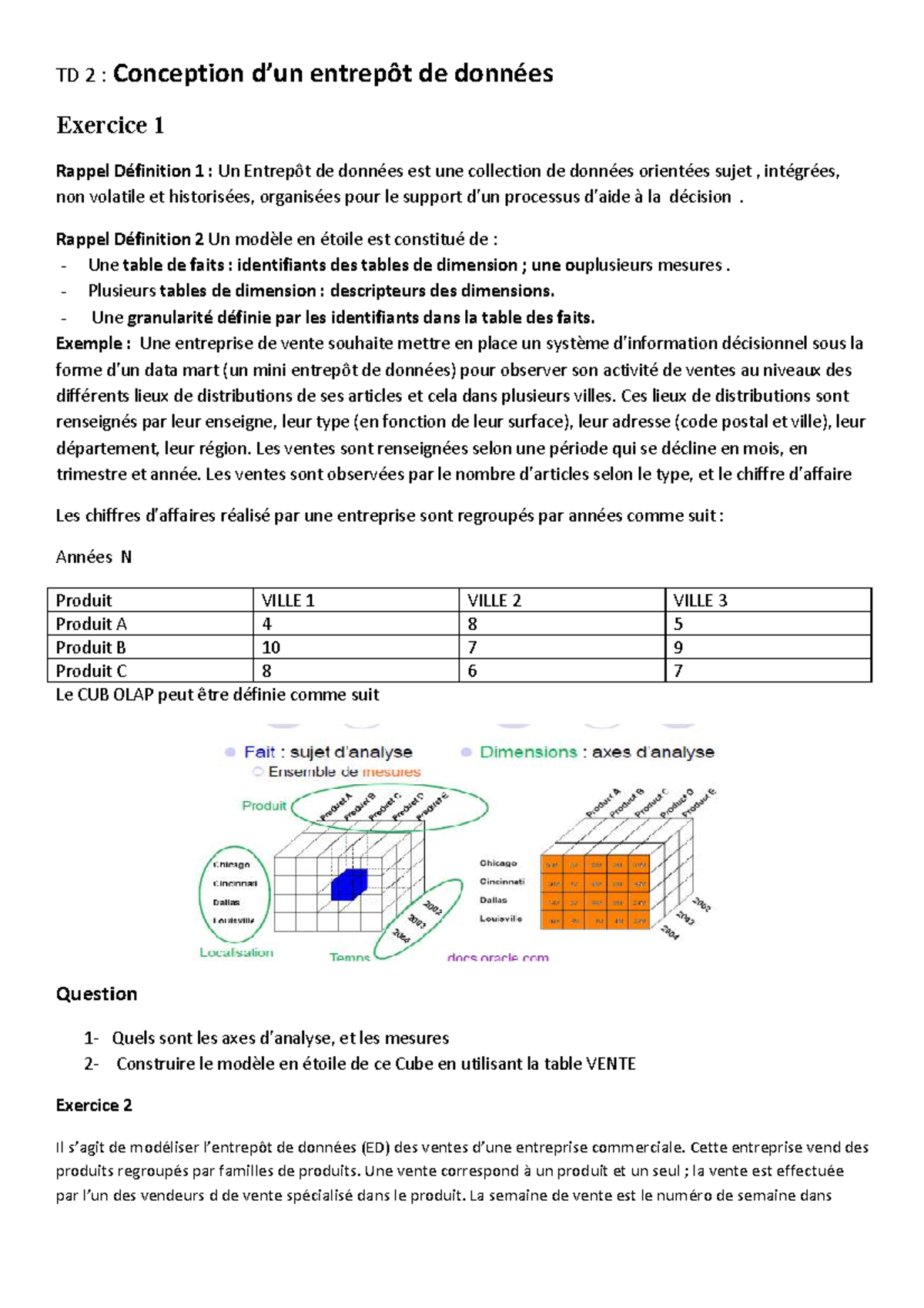 TD 2 : Conception d'un Entrepôt de Données - Exercice 1 et 2 - Studocu
