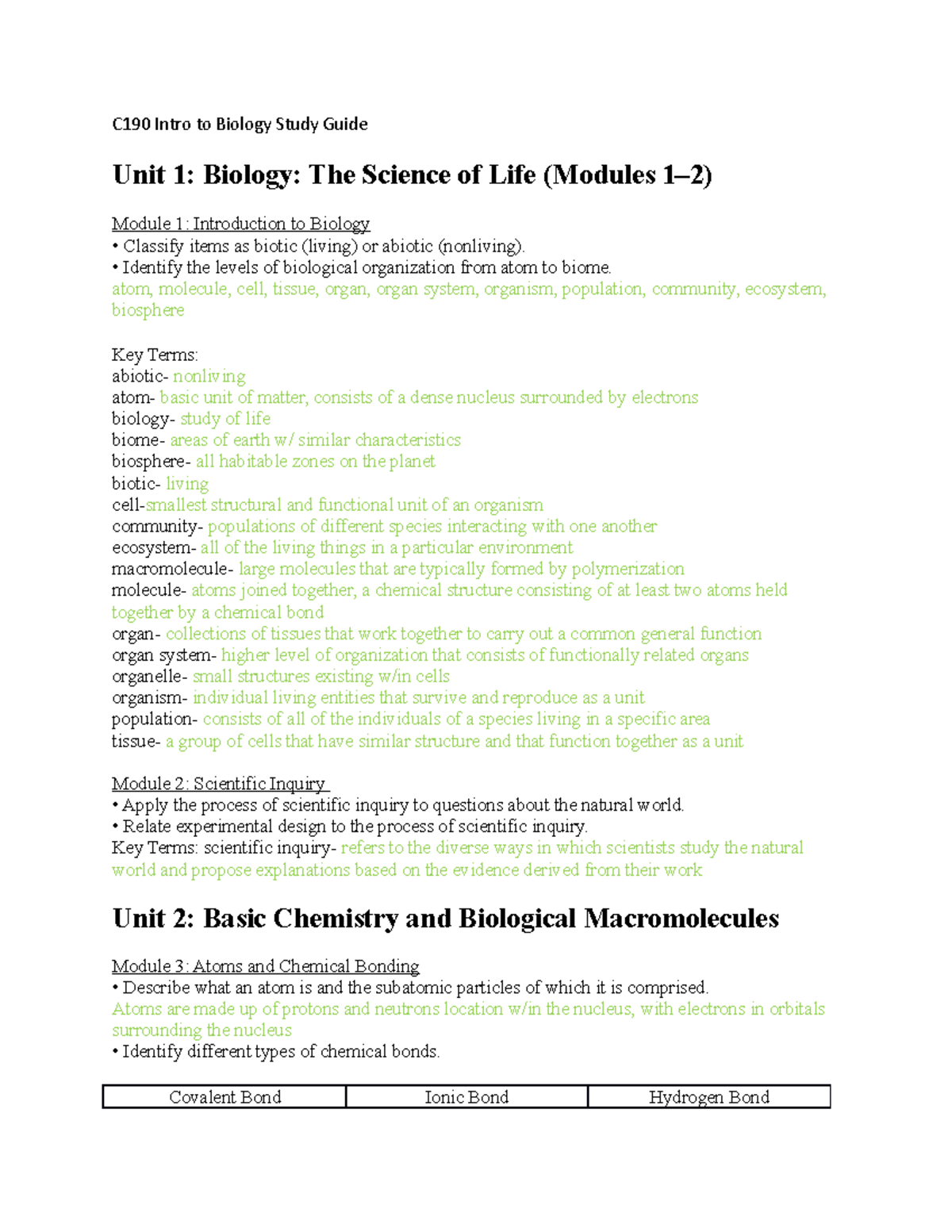 C190 Study Guide - C190 Intro to Biology Study Guide Unit 1: Biology ...