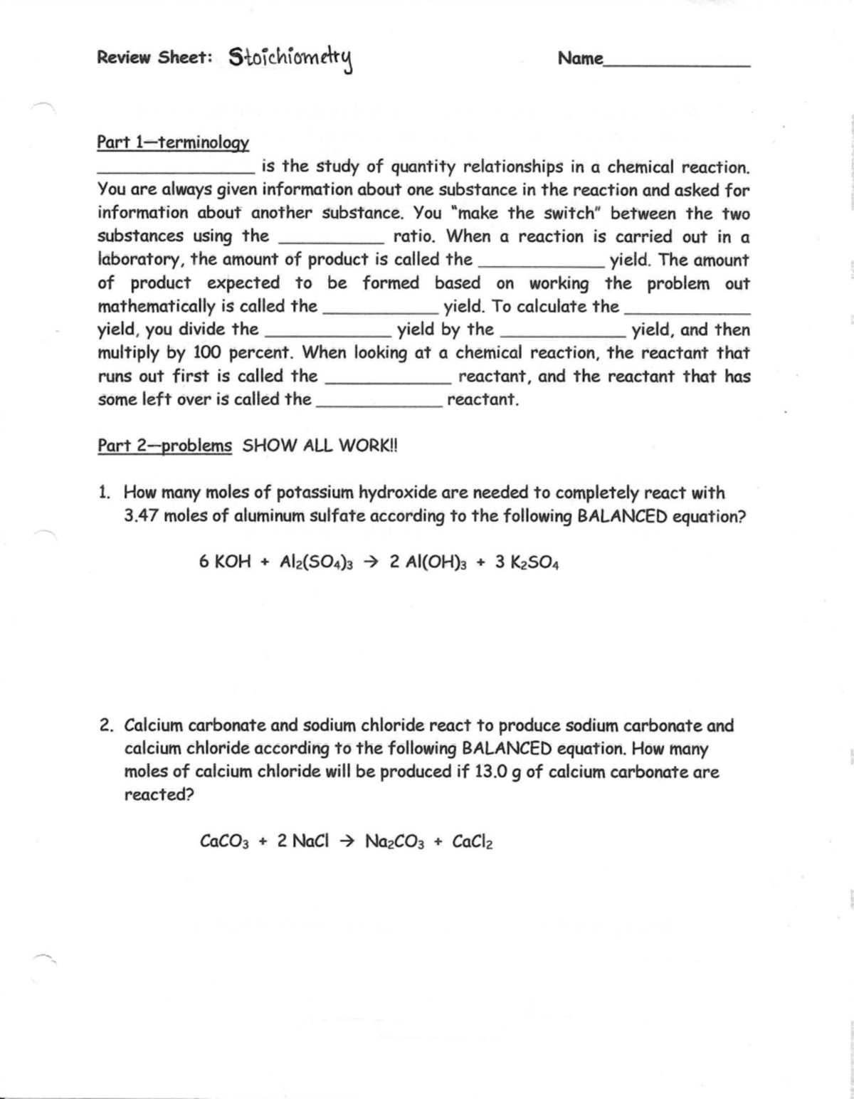Stoichiometry Review Sheet: Key Concepts and Calculations - Studocu