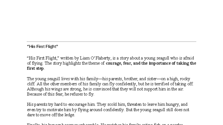 His First Flight - WRET: A Young Seagull's Journey to Courage - Studocu