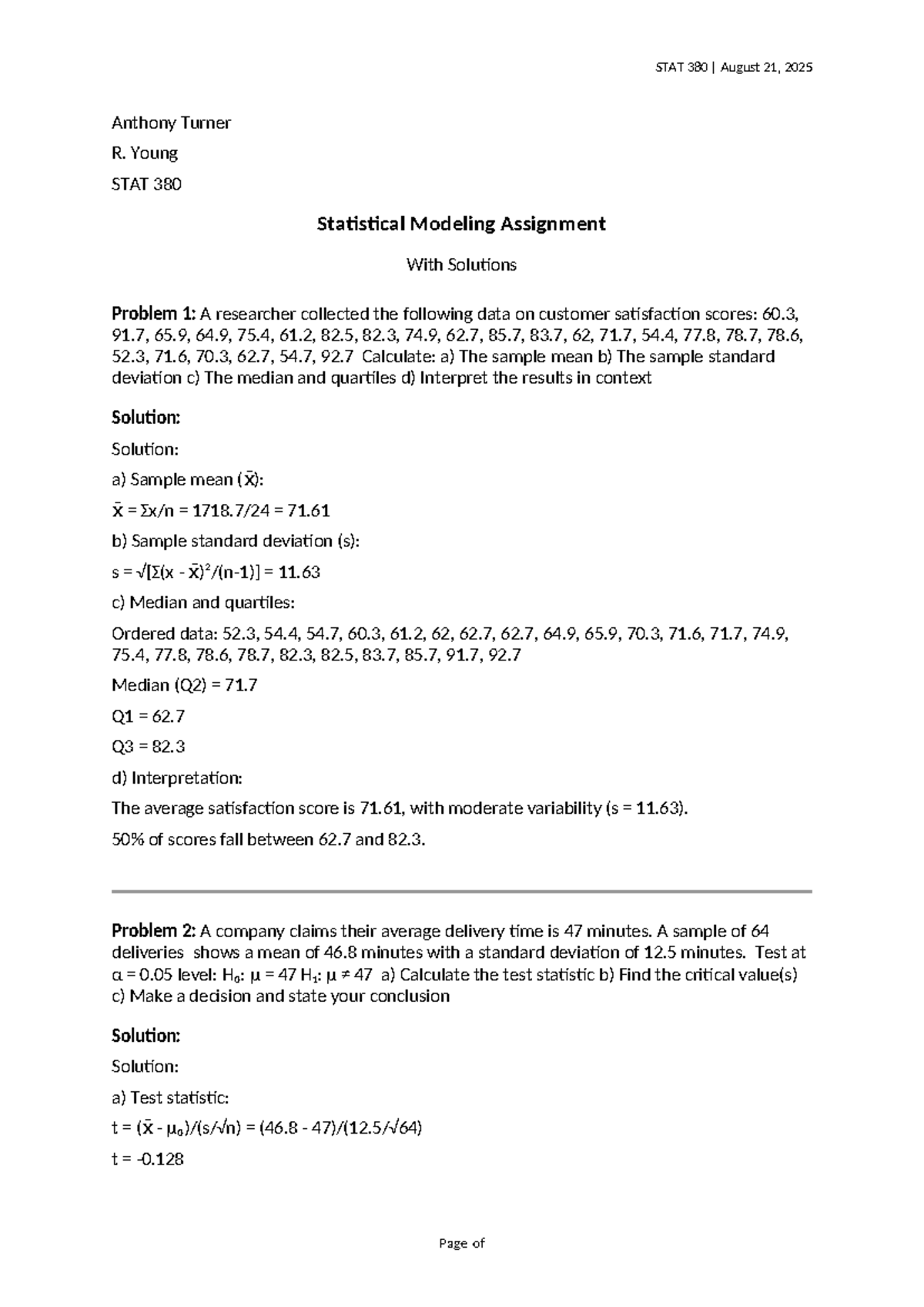 STAT 380 Statistical Modeling Assignment Solutions and Analysis - Studocu