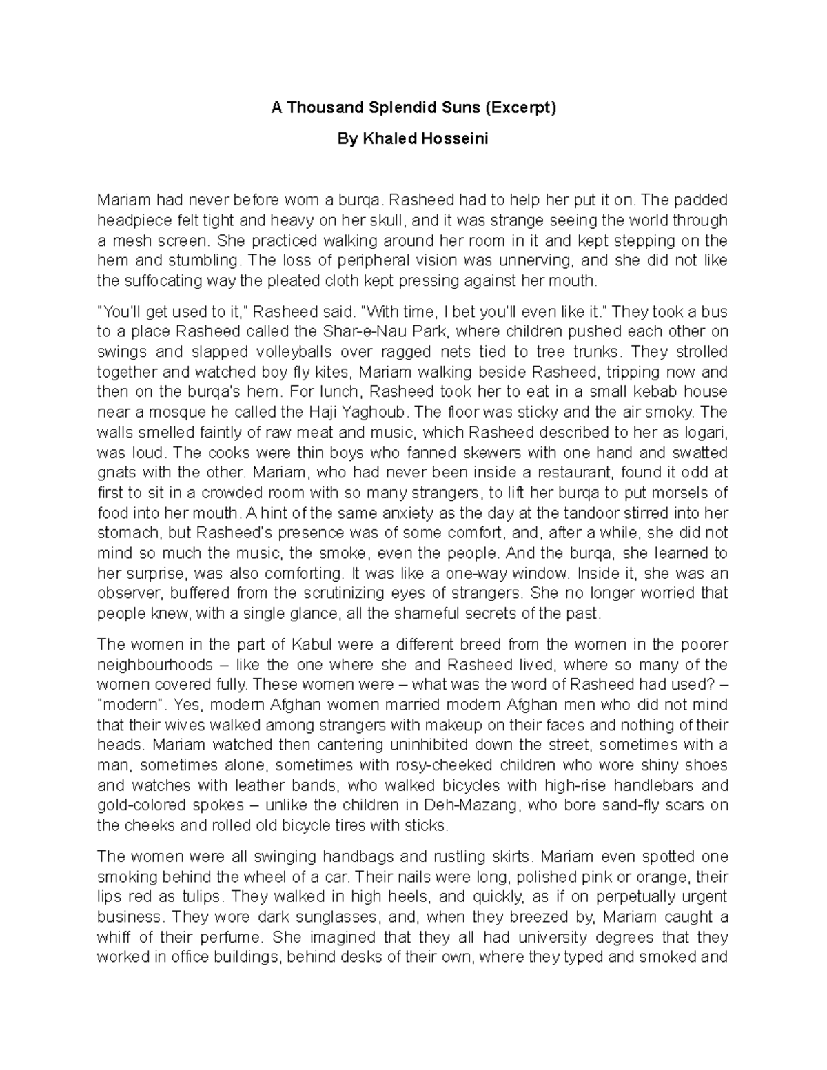 A Thousand Splendid Suns (Excerpt) - Insights on Mariam's Journey - Studocu