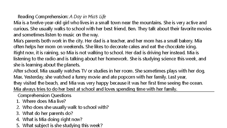 Reading Comprehension: A Day in the Life of Mia (B1 B2 Kids 4) - Studocu