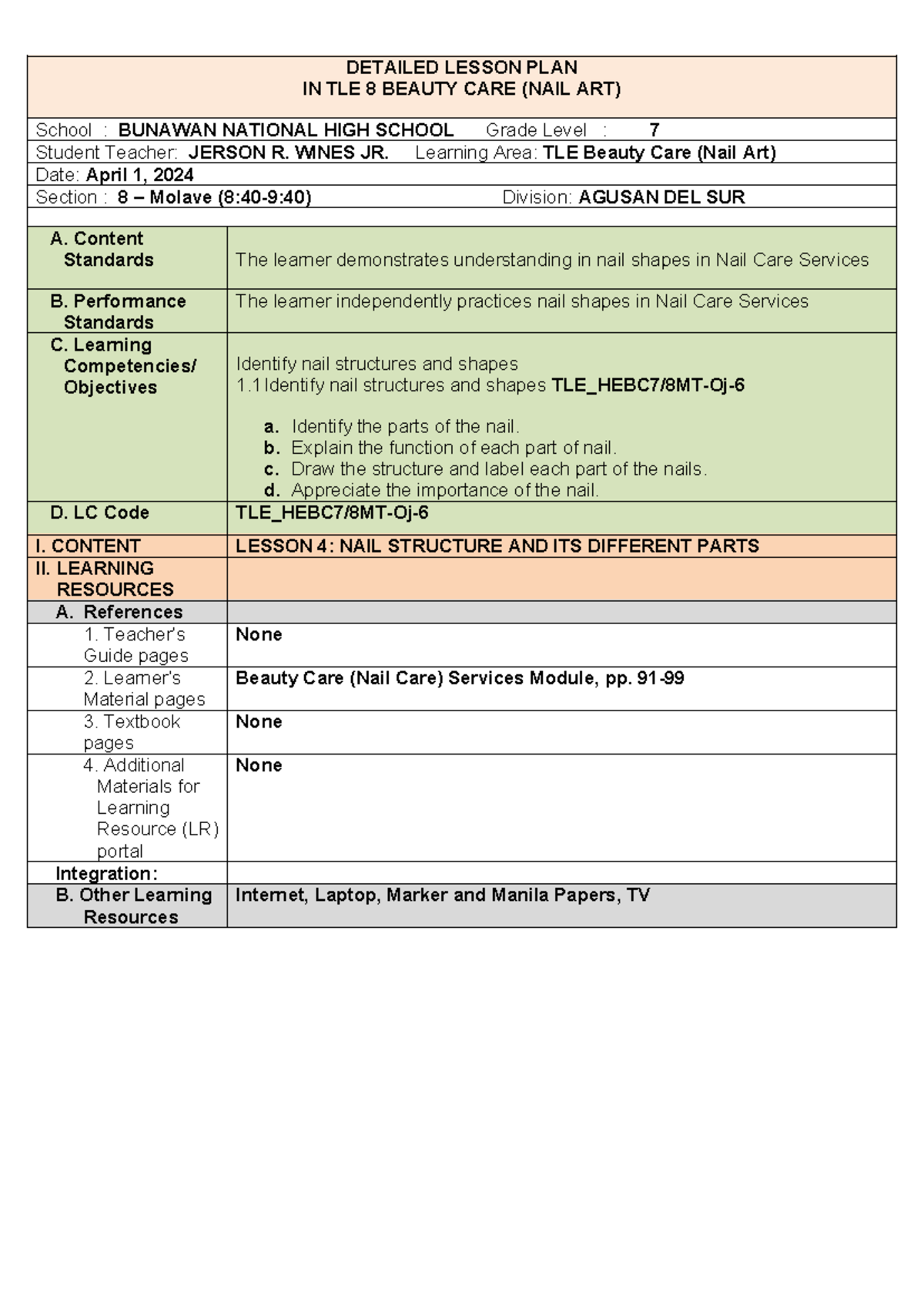 Detailed Lesson Plan: TLE 8 Beauty Care (Nail Art) - April 2024 - Studocu