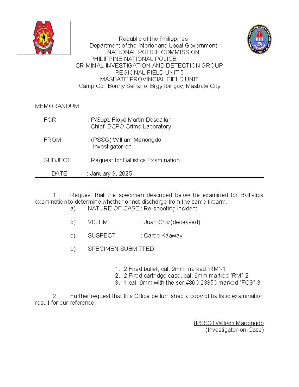 Balllistics-examination-report - Republic of the Philippines Department ...