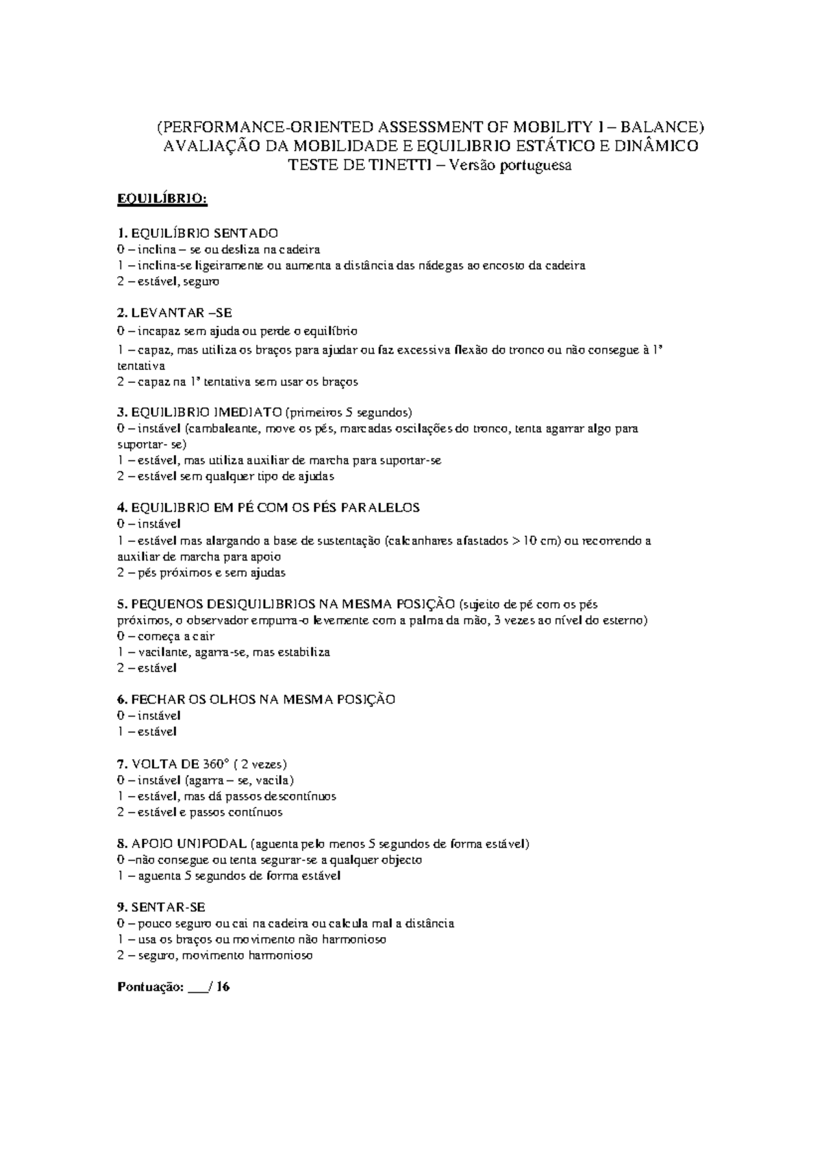 Avaliação da Mobilidade e Equilíbrio: Teste de Tinetti (Versão PT ...