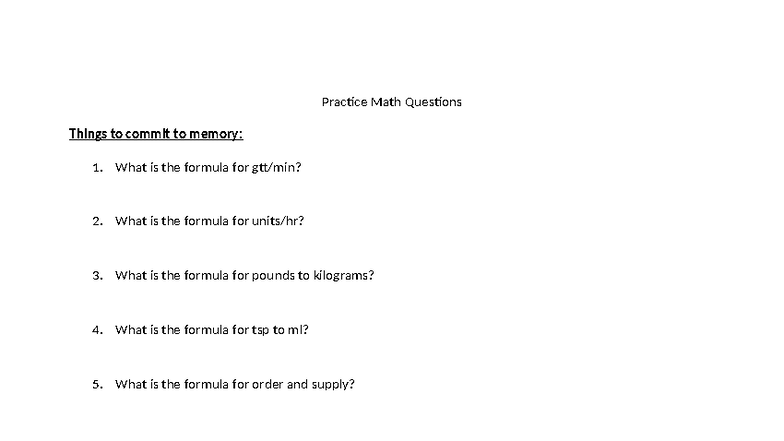 Math Practice Questions for Nursing: Formulas & Conversions - Studocu
