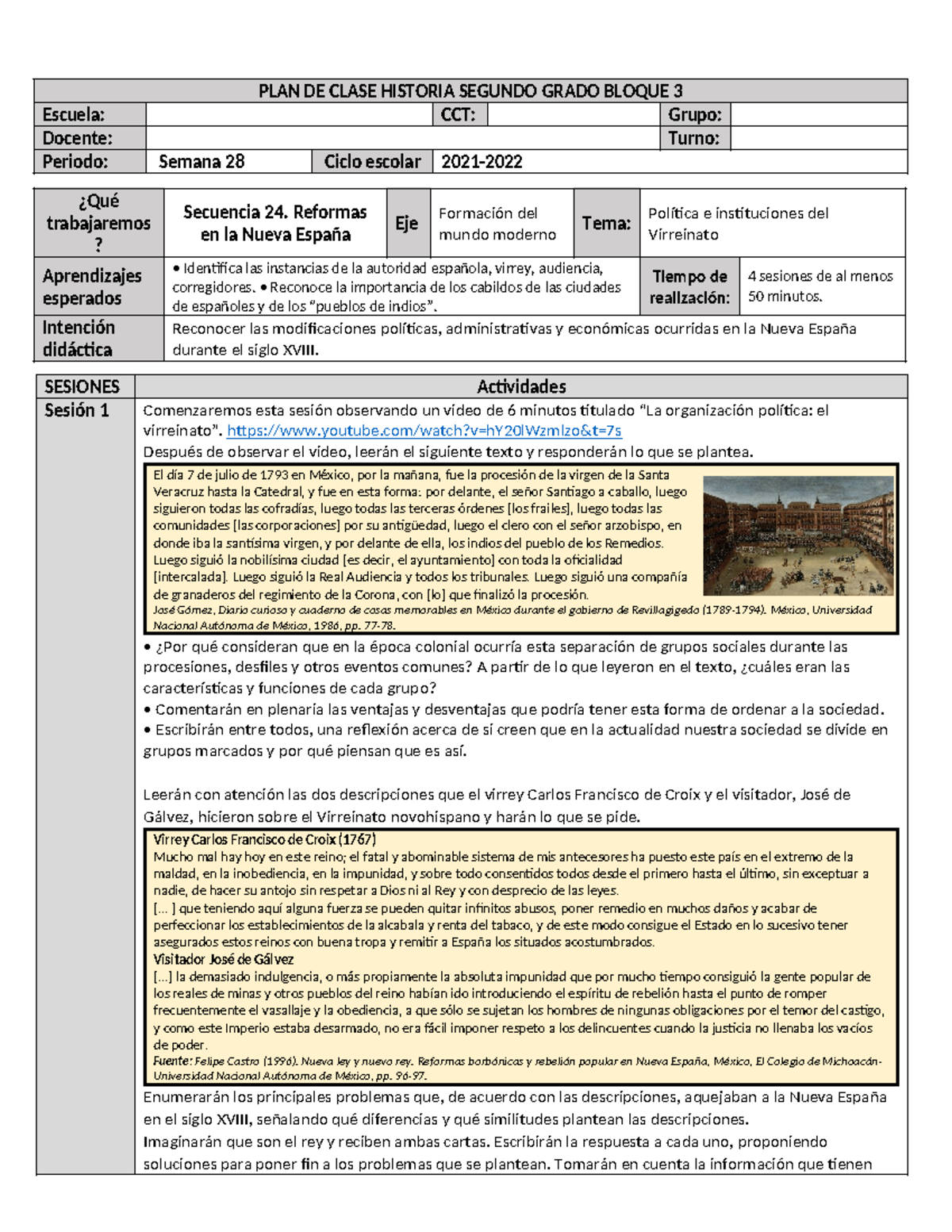 PLAN DE CLASE HISTORIA SEGUNDO GRADO BLOQUE 3 - SEMANA 28 - Studocu