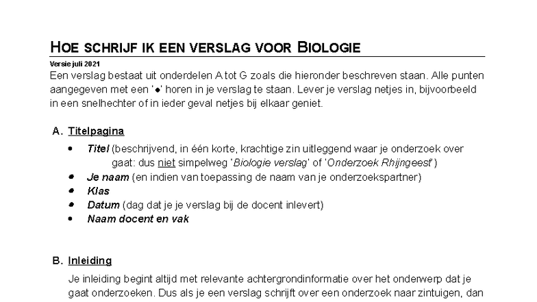 Handleiding voor het schrijven van een Biologie verslag - Juli 2021 ...