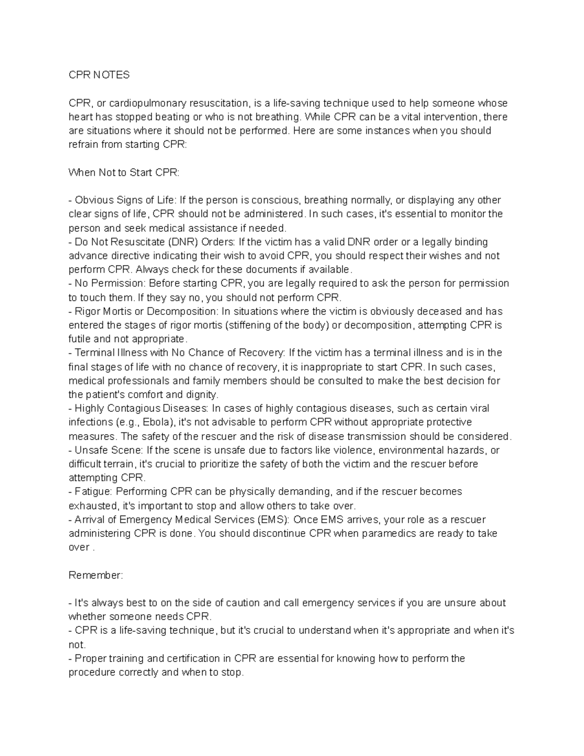 CPR Notes - Situations When CPR Should Not Be Administered - Studocu