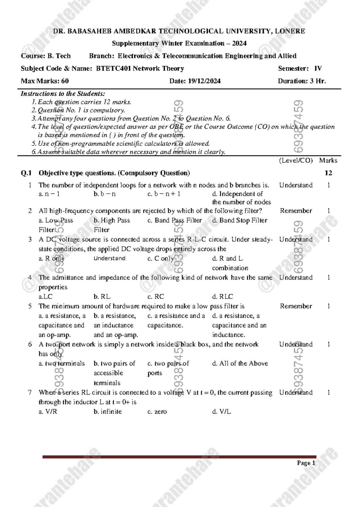 B. Tech Semester IV - Network Theory Supplementary Exam 2024 - Studocu