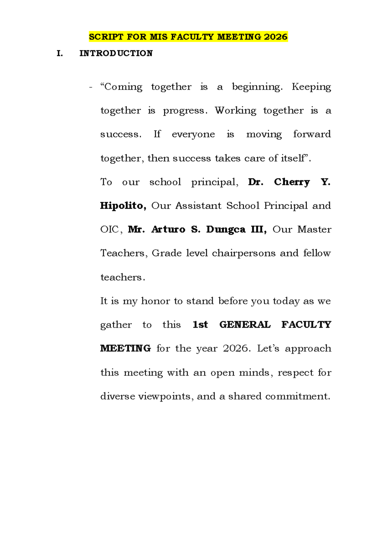 MIS Faculty Meeting Script 2026: Together Towards Success - Studocu