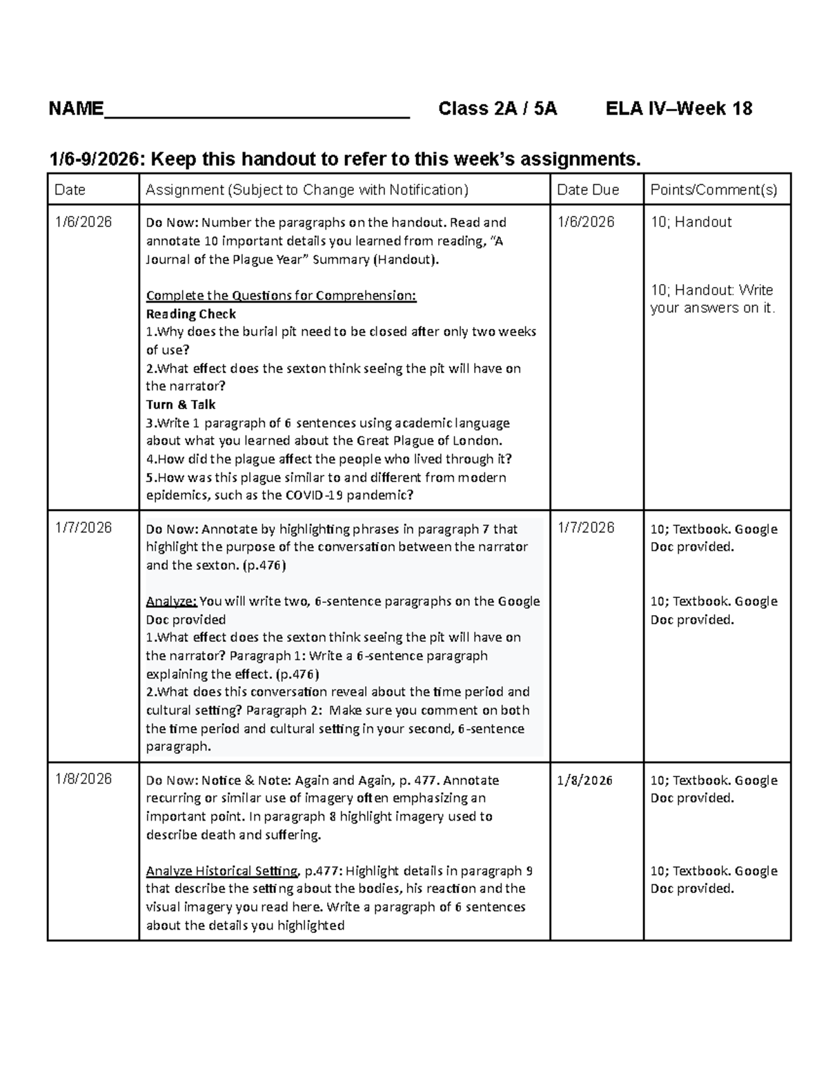 2A 5A ELA: Great Plague Summary & Analysis Handout - Studocu