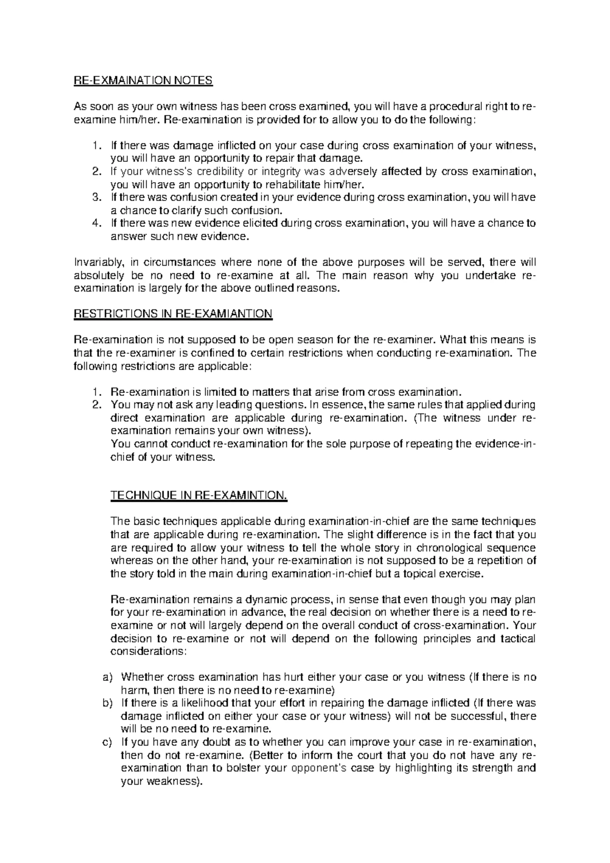 Cross- Examination Notes - PRACTICAL LEGAL COURSE NOTES FOR EXAMINATION ...