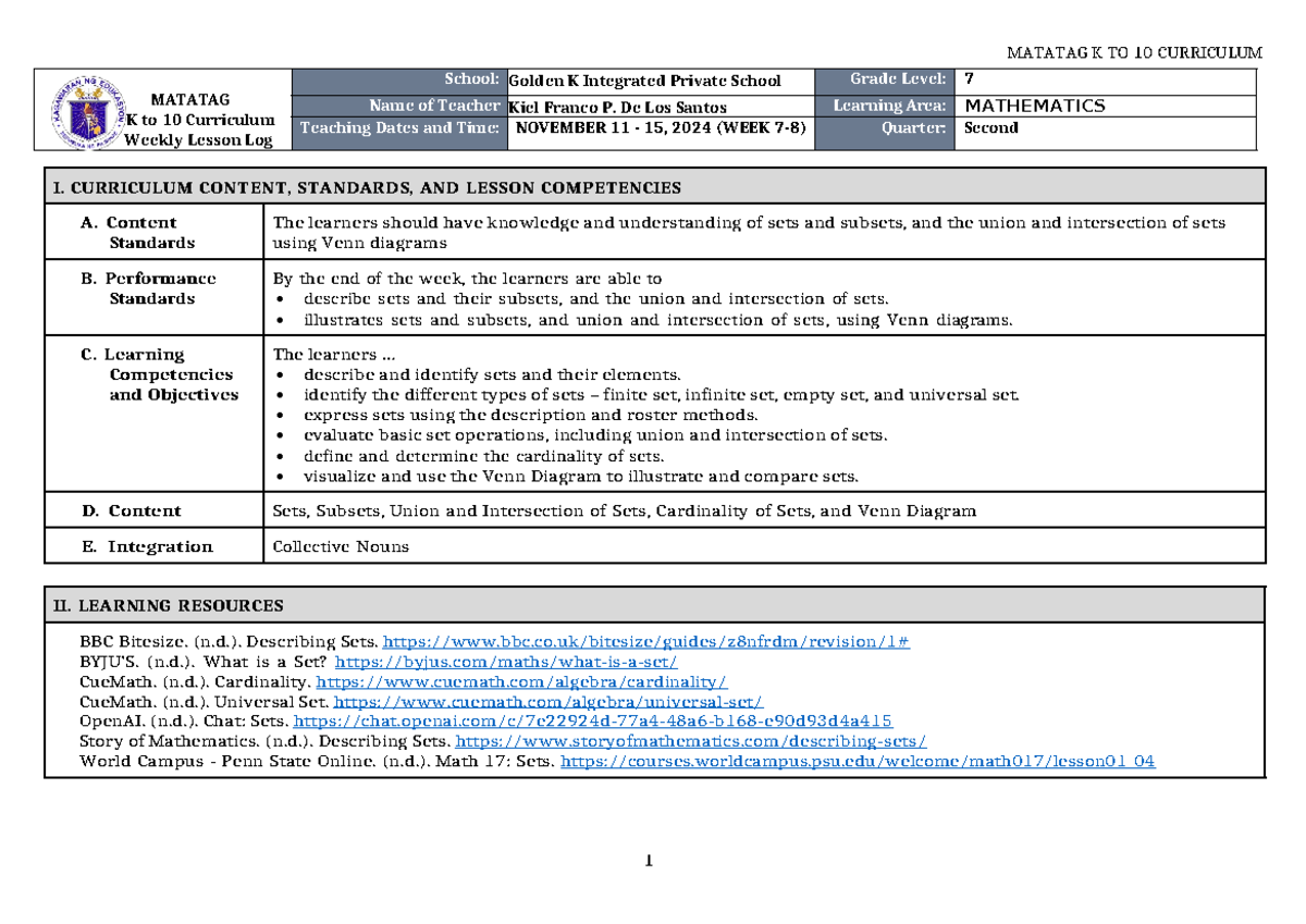 DLL Matatag Mathematics 7 Q2 W7 - MATATAG K to 10 Curriculum Weekly ...