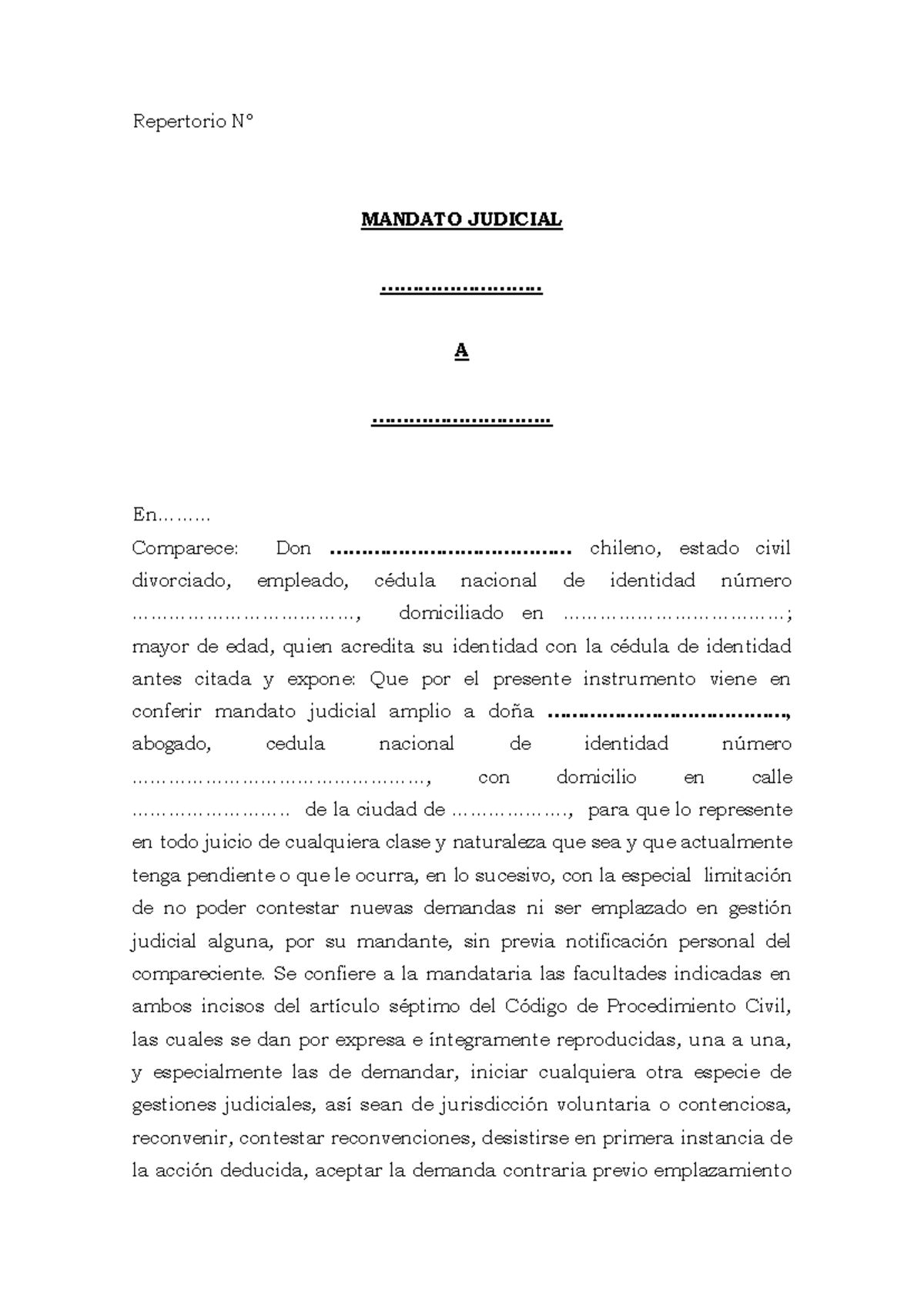 Modelo de Mandato Judicial - Repertorio N° [Número] - Studocu